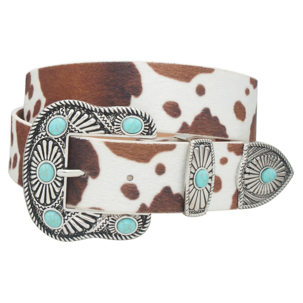 Barnie Western Style Brown Cow Print Belt with Turquoise Stone Details ...