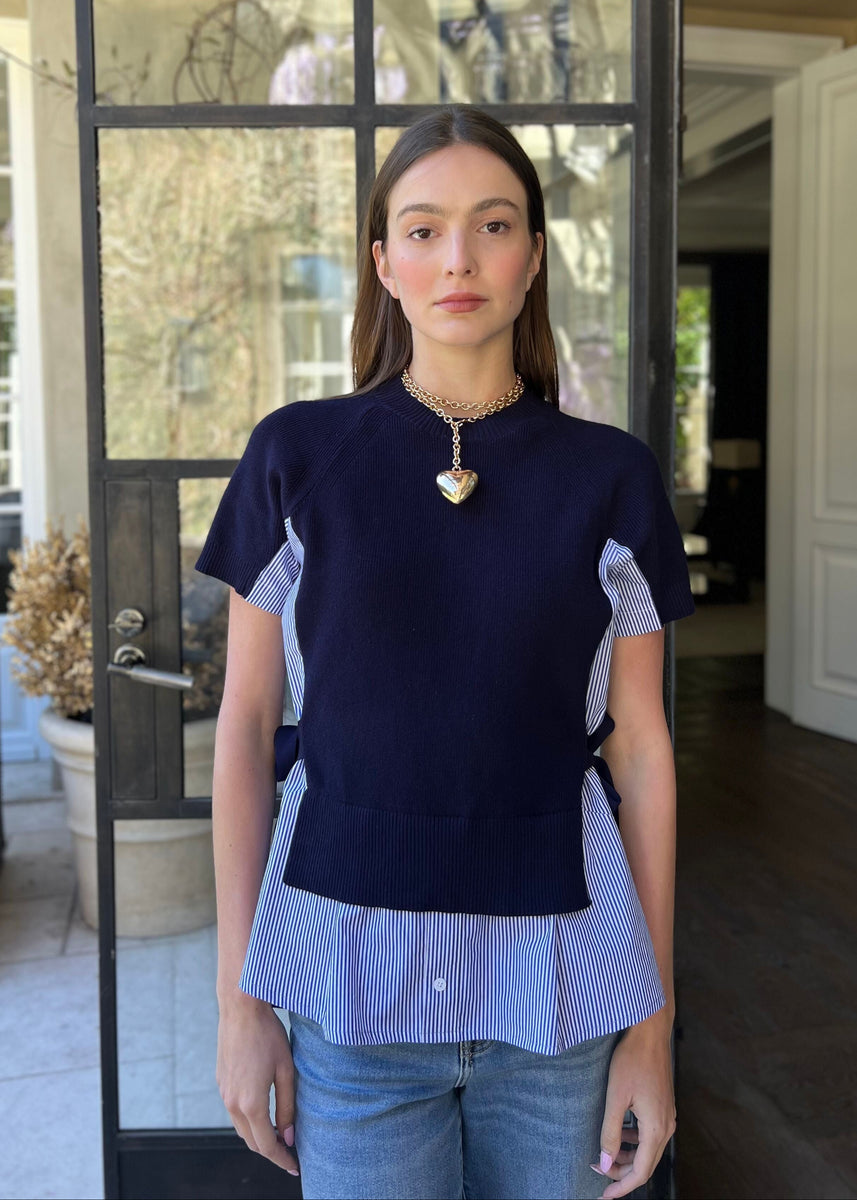 Cory Blue and White Striped Top with Navy Sweater Detail – Benaar LA