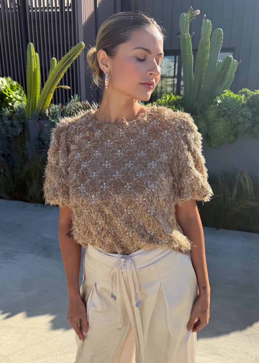 Skylar Short Puff Sleeve Shaggy Sweater Top – Benaar LA